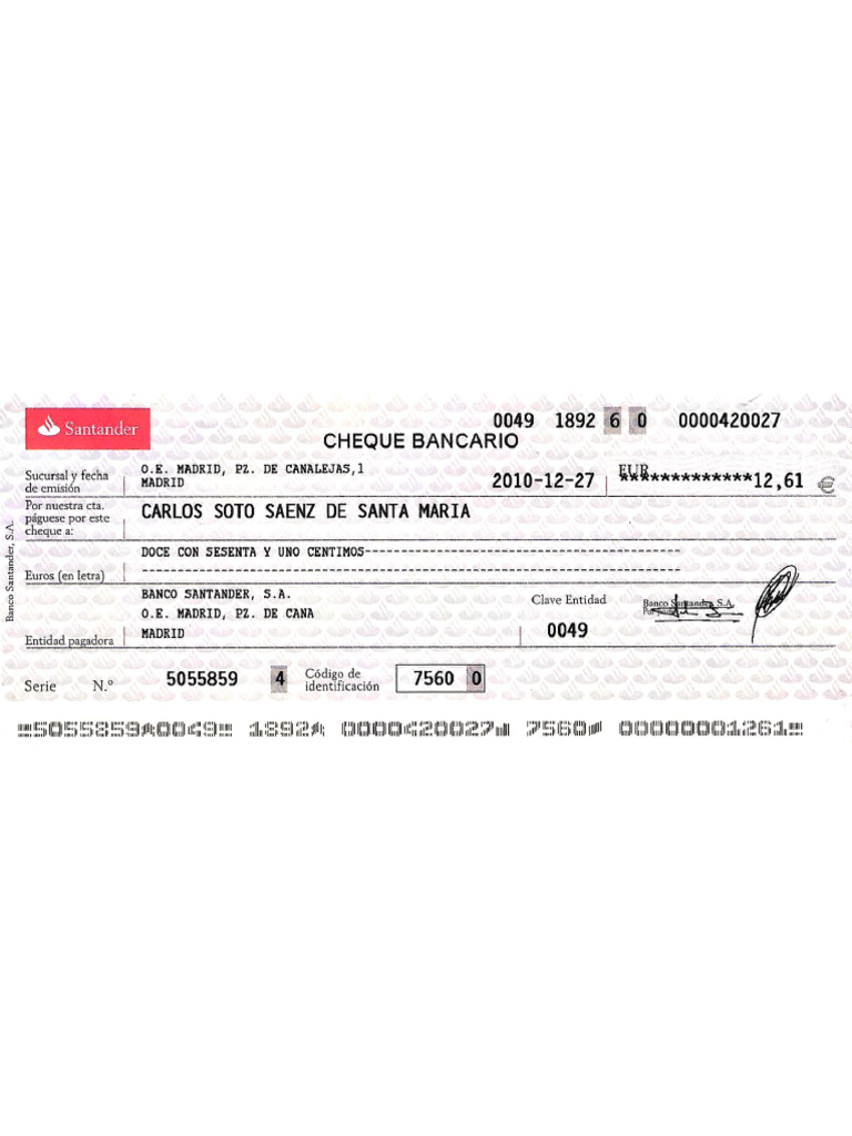 Cheque Bancario Santander 2025 | PDF