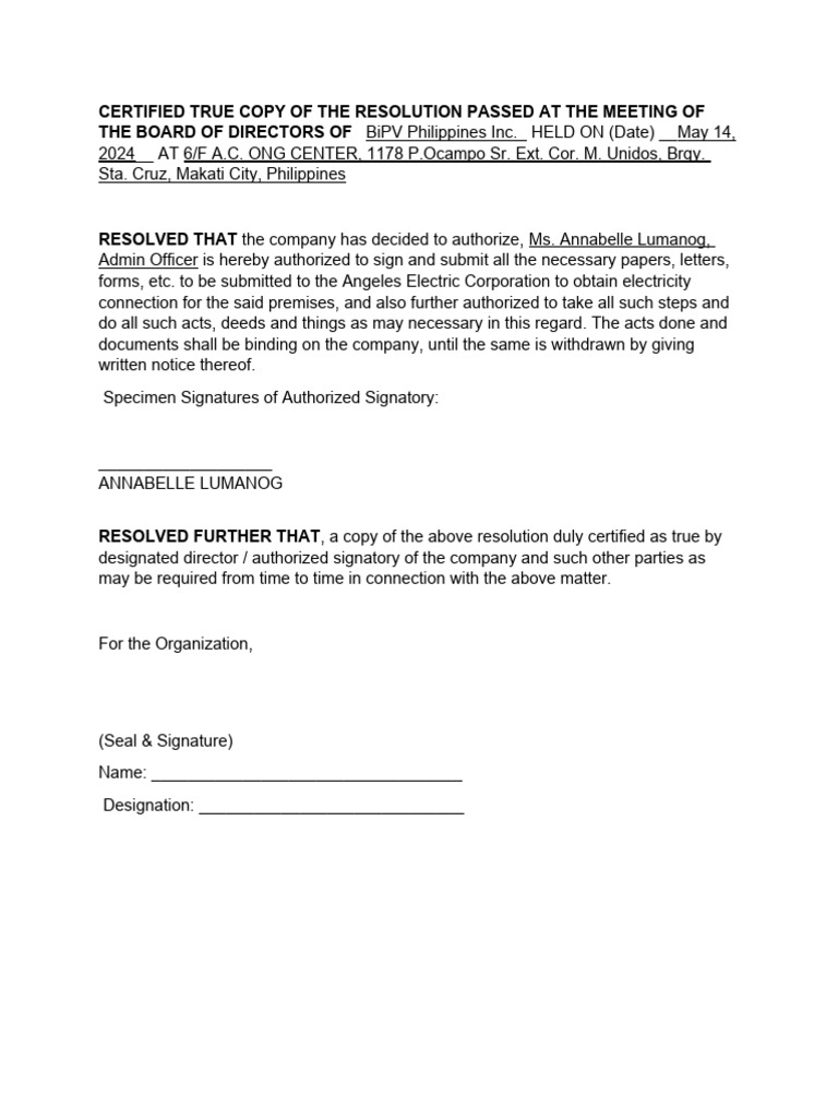 Board Resolution for Application of Electricity | PDF