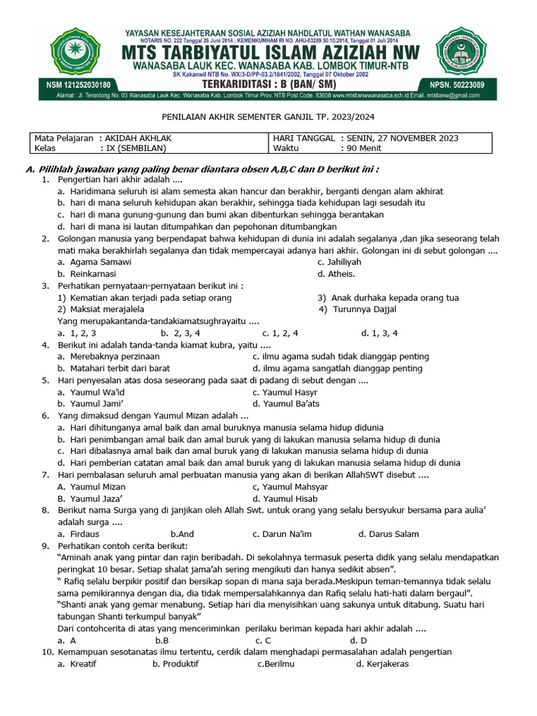 Soal Pas Akidah A. Ganjil Kelas 9 | PDF
