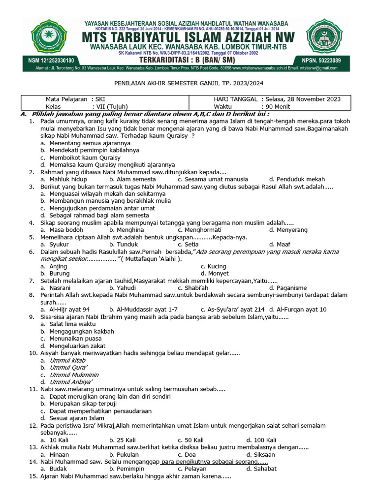 Soal Ski Kelas 7 Semester Ganjil | PDF