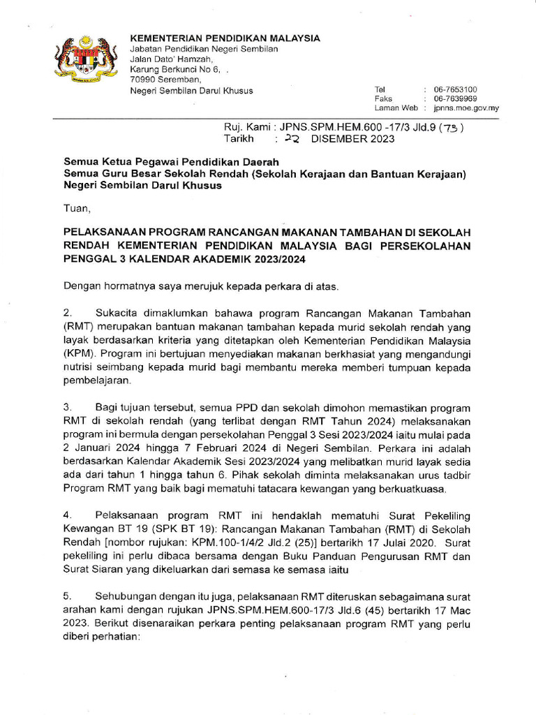 Surat Arahan Pelaksanaan RMT Penggal 3 Tahun 2023 2024 | PDF