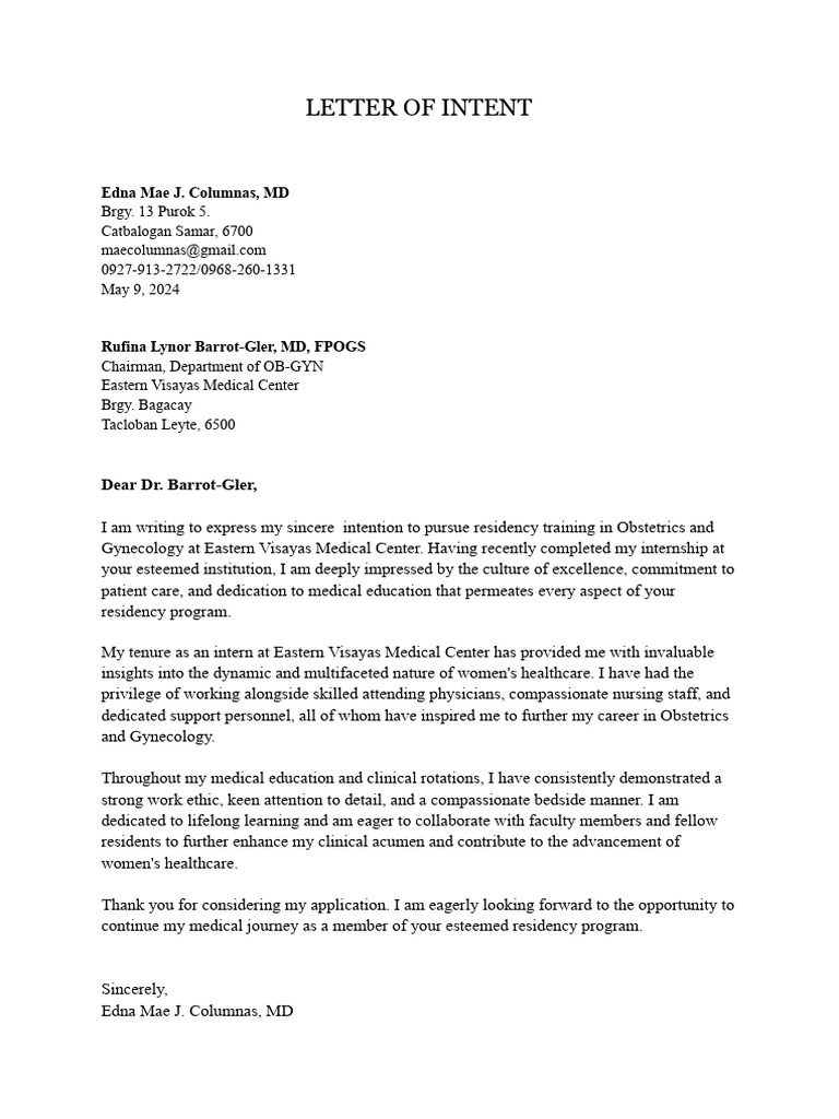 Letter of Intent Sample | PDF | Obstetrics And Gynaecology | Public ...