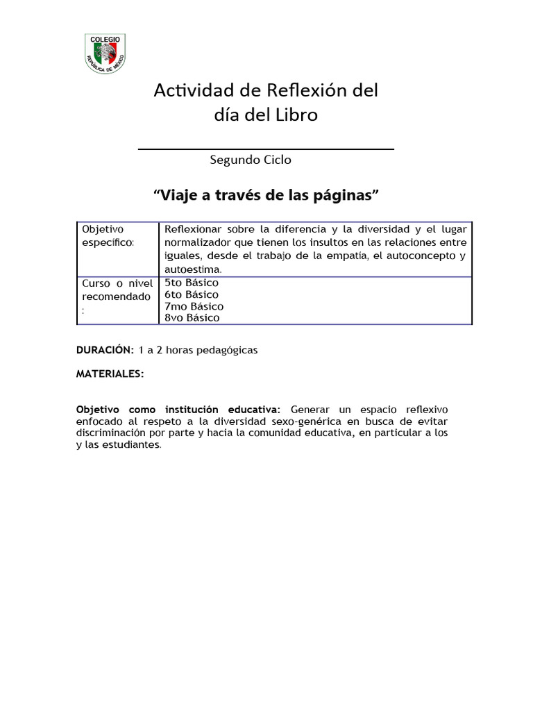 Actividad de Reflexión 8M Primer CICLO 2024.Docx | PDF | Libros | Creatividad