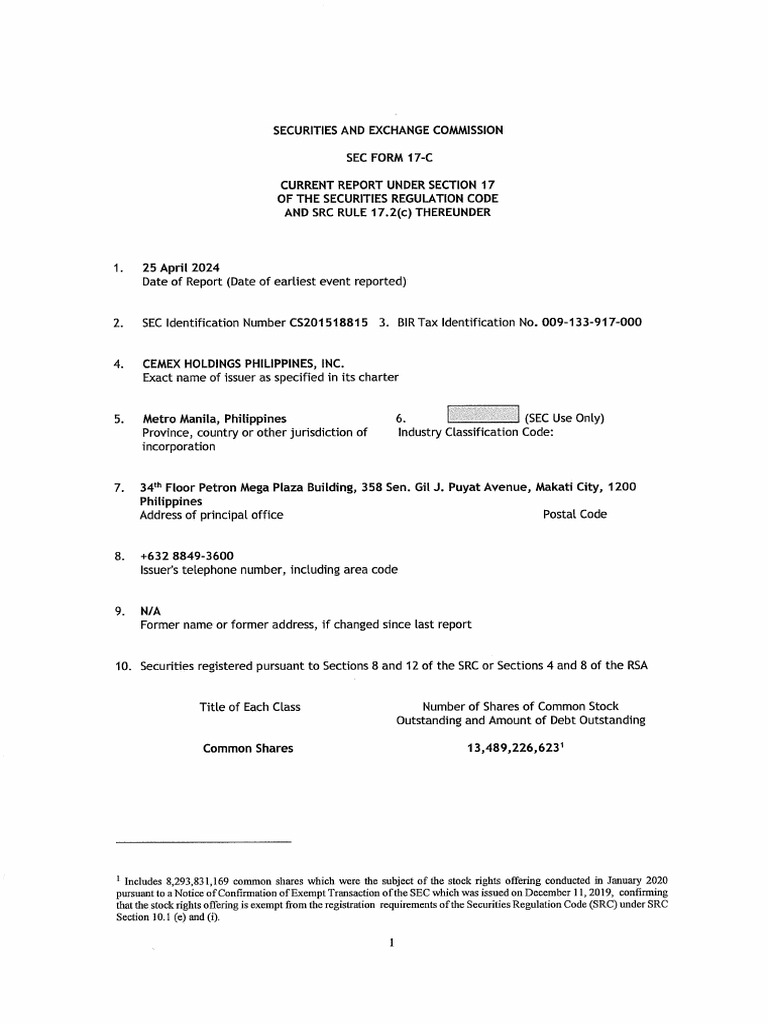 CHP SEC Form 17-C Dated 25 April 2024 - Cemex Asia BV Sale Agreement S ...