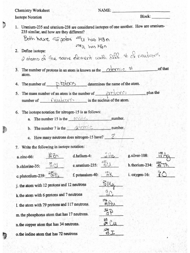 Isotope Notation WKSHT Key | PDF