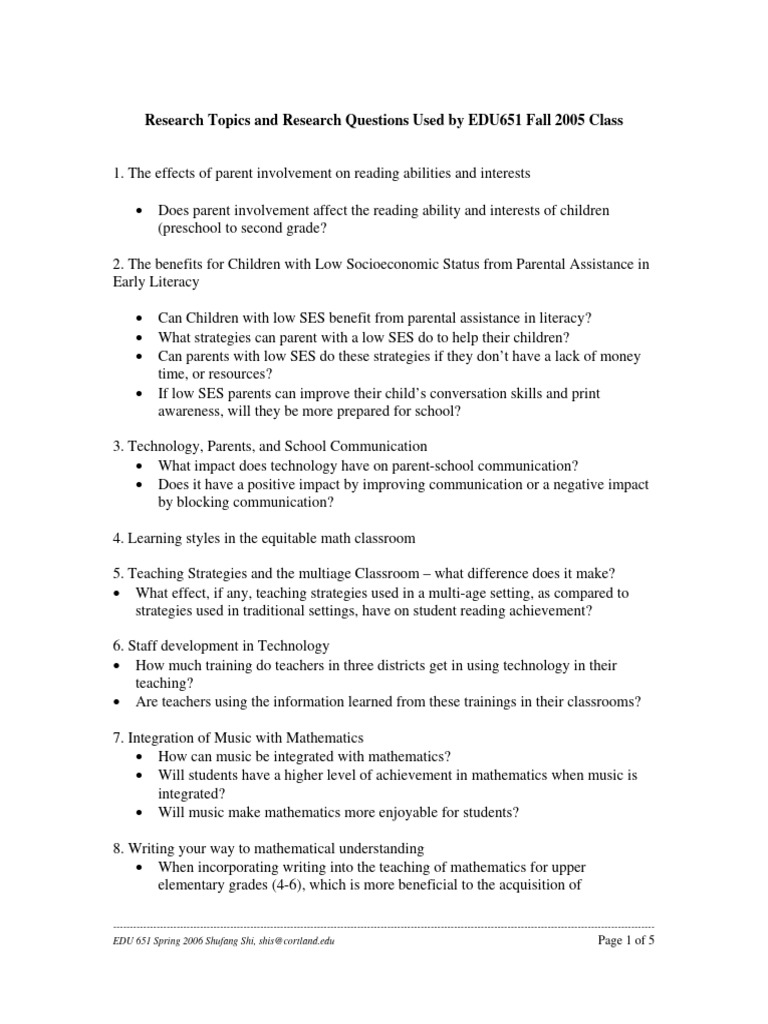Research Topics and Research Questions Used by EDU651 Fall 2005 Class ...