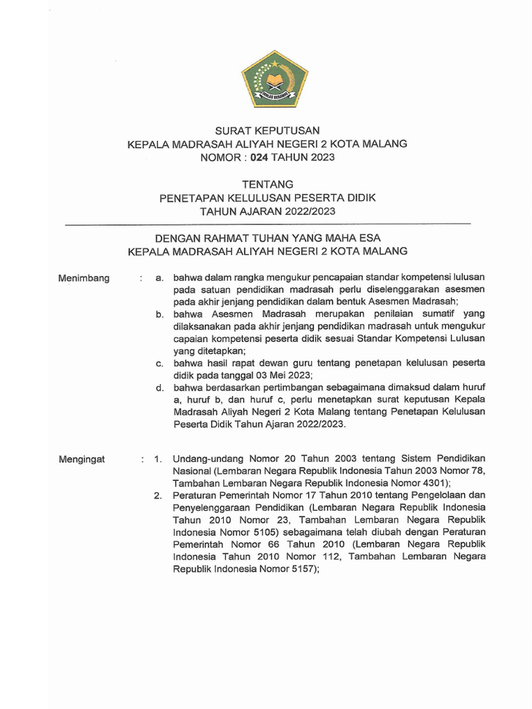 Sk No 024 Tahun 2023 Tentang Penetapan Kelulusan Peserta Didik Ta 2022 2023 Pdf