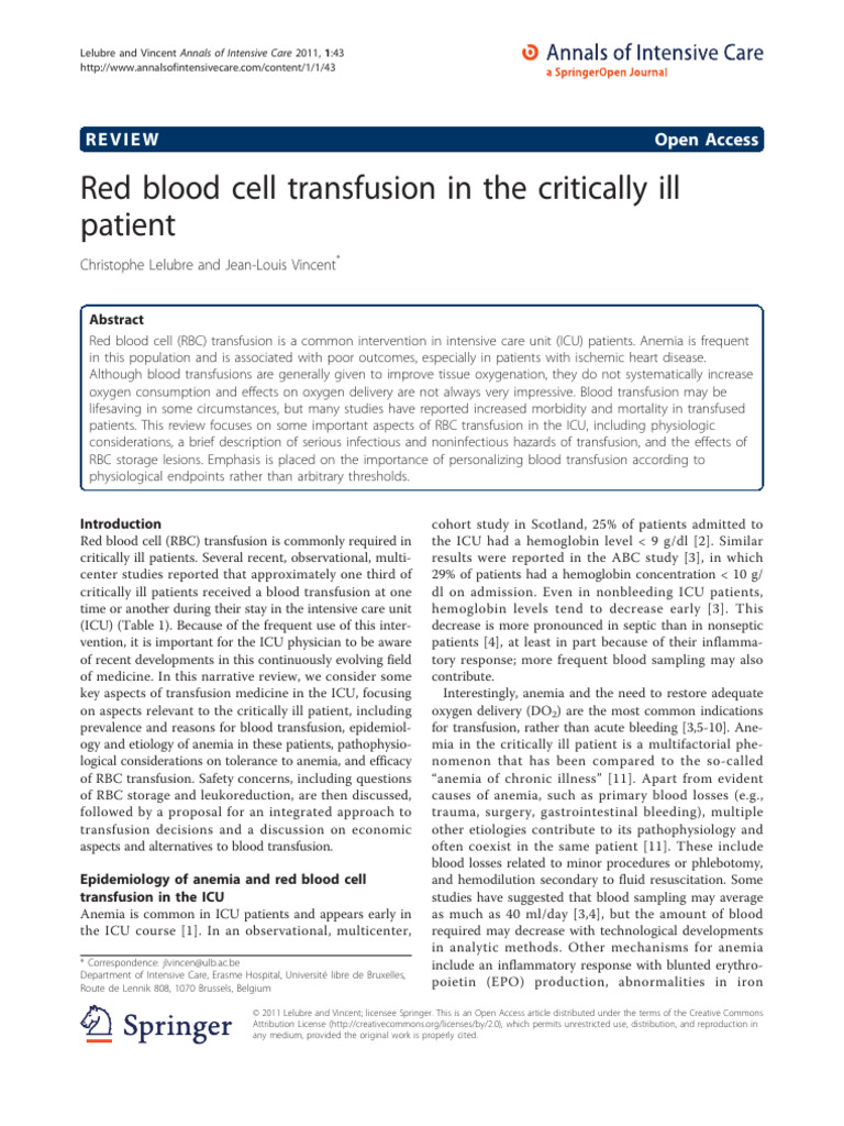 Red Blood Cell Transfusion in The Critically Ill Patient: Review Open ...
