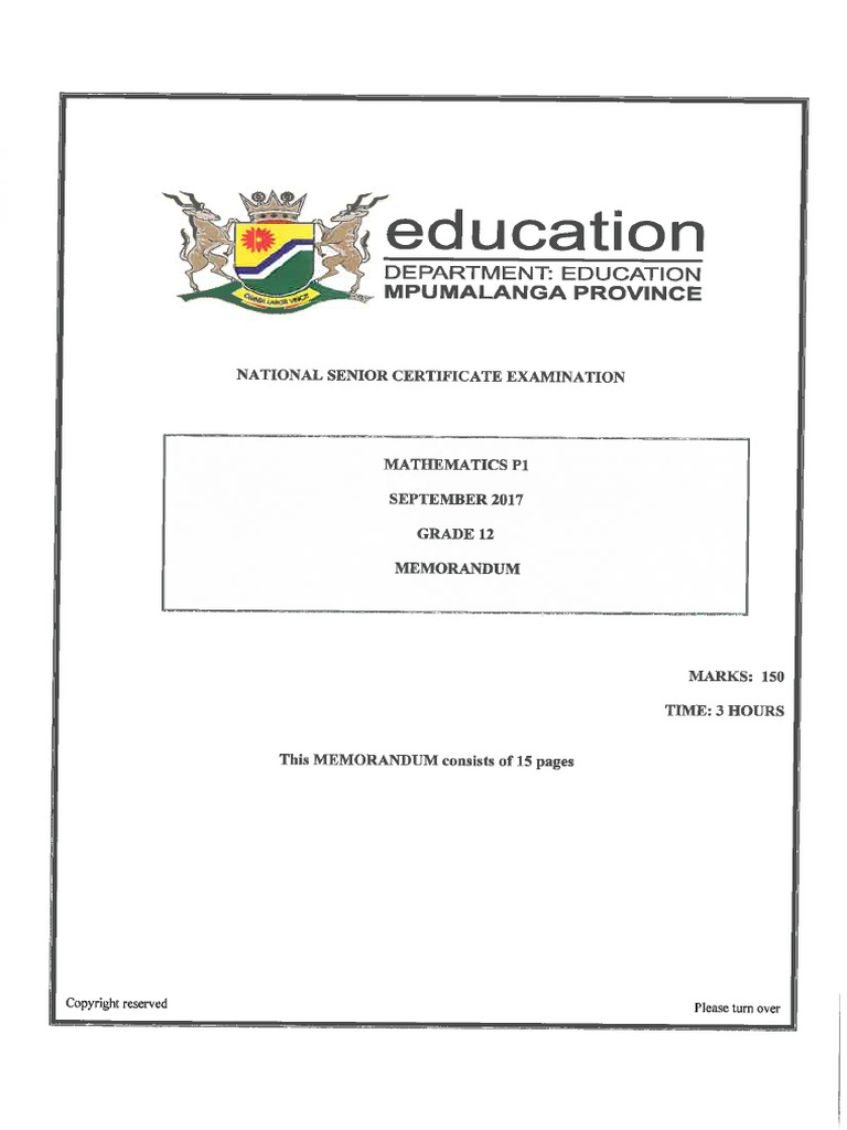Memo GR 12 Maths p1 Marking Guideline With Errata 2017 | PDF