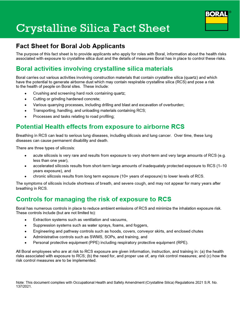 Crystalline Silica Fact Sheet | PDF | Occupational Safety And Health ...