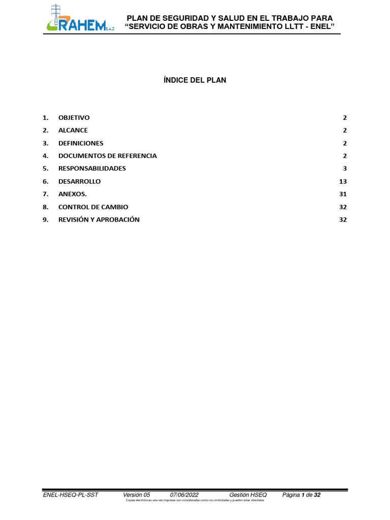 ENEL-HSEQ-PL-SST Ver 05 Plan de Seguridad y Salud en El Trabajo | PDF ...