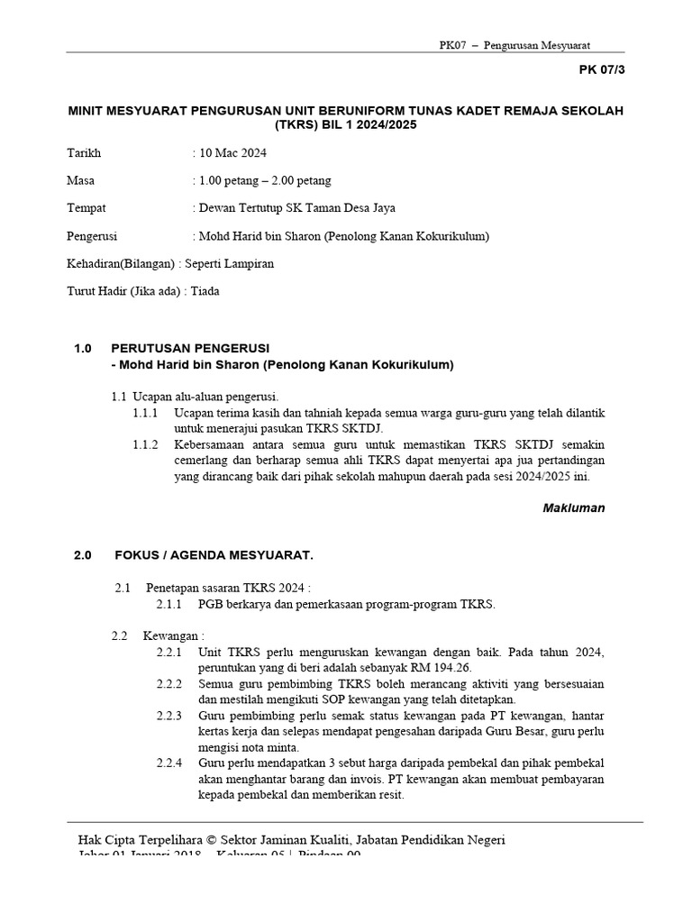 Minit Mesyuarat TKRS 2024 | PDF