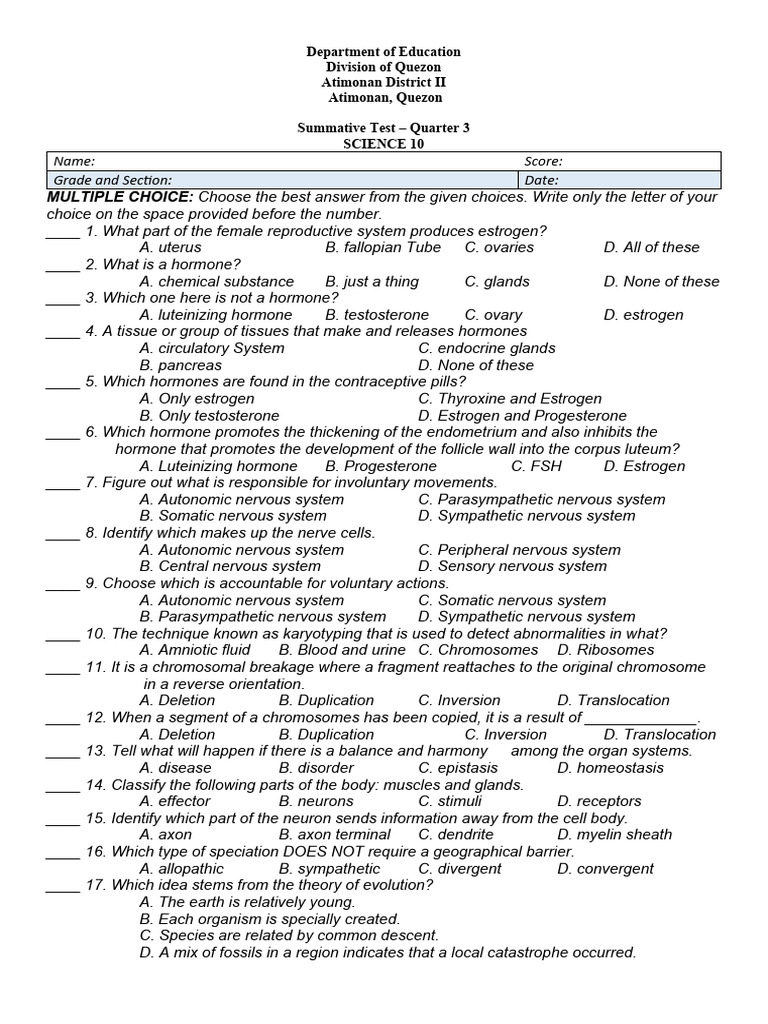 Q3, G10 Scie Summative Test Final | PDF | Nervous System | Ovary