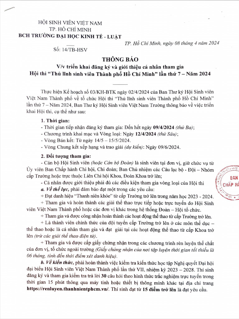 tb1423 VV Trien Khai Dang Ky Va Gioi Thieu Ca Nhan Tham Gia Hoi Thi Thu Linh Sinh Vien TPHCM Nam ...
