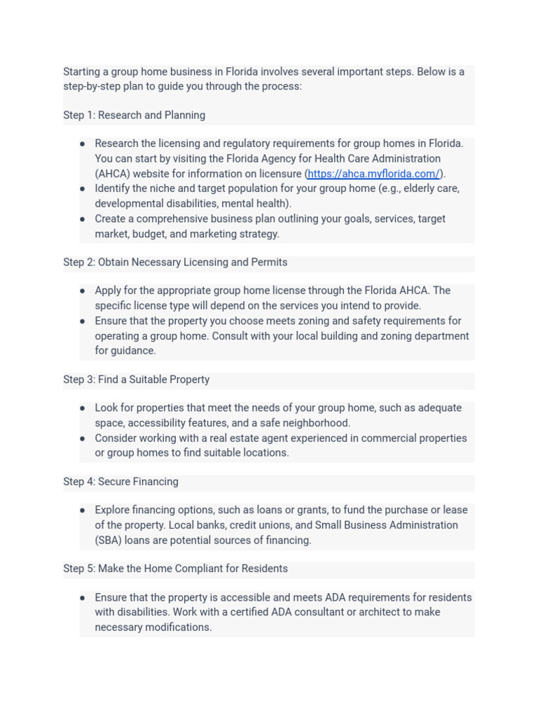 Sample Step-by-Step - Starting A Group Home in Florida | PDF | Group ...