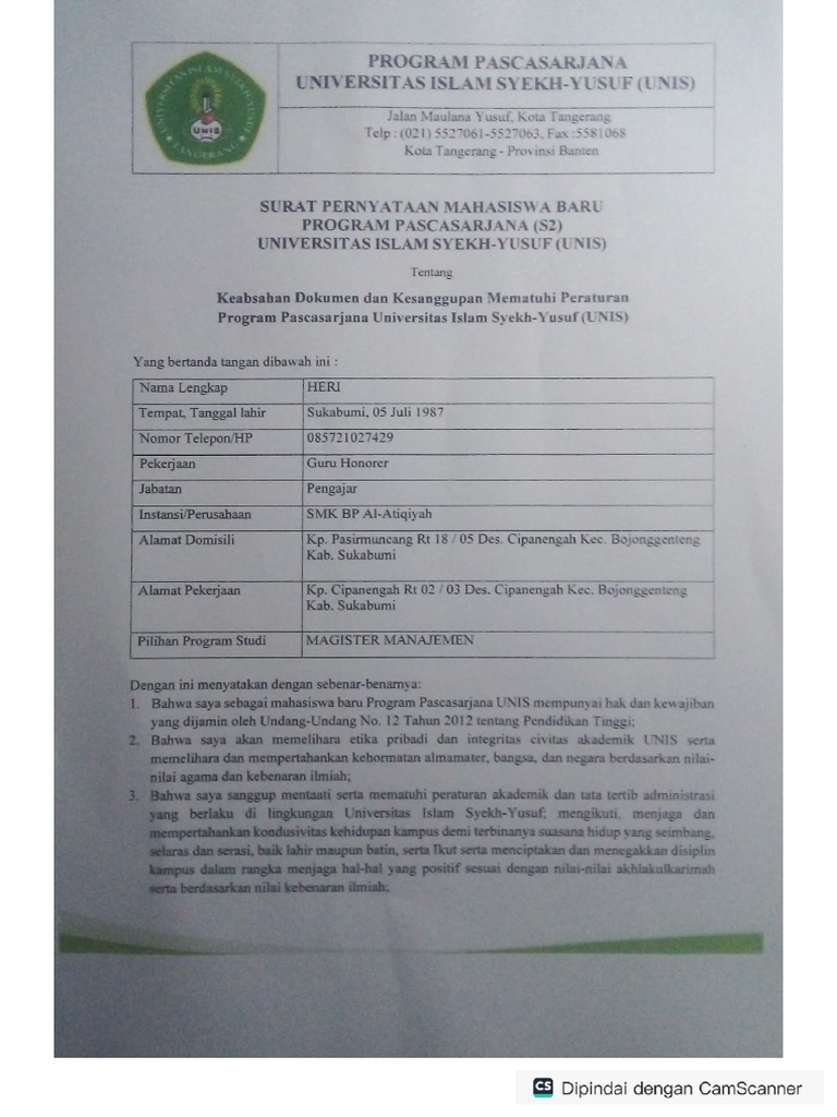 Surat Pernyataan UNIS | PDF