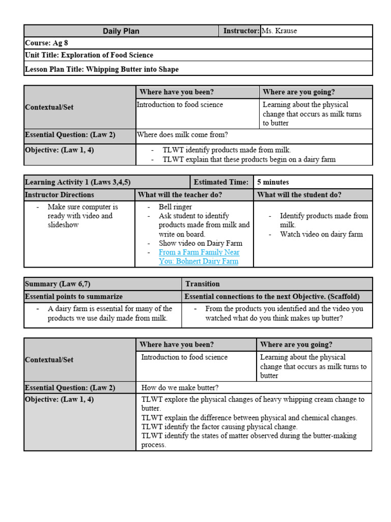 whiping butter into shape - inquiry lesson plan | PDF | Milk | Butter