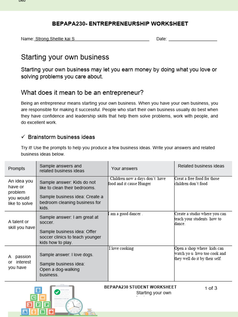 BEPAPA230-ENTREPRENEURSHIP Storng WORKSHEET | PDF | Behavioural ...