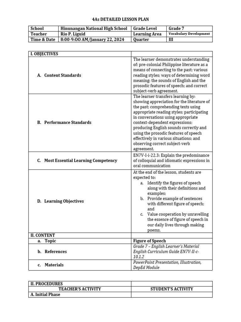 4As-DETAILED-LESSON-PLAN Junior HS | PDF | Public Speaking | Speech