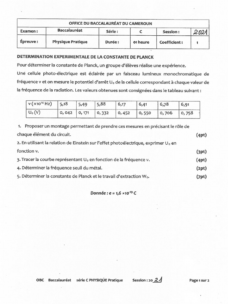 Epreuve Bac 2021 Physique Pratique Séries C Cameroun | PDF