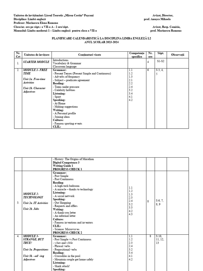 Planificare Sem Cls 7 Litera | PDF | Linguistics | Grammar