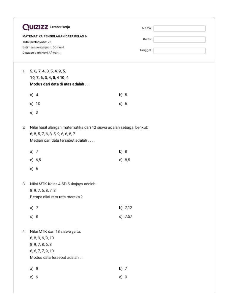 MATEMATIKA PENGOLAHAN DATA KELAS 6 - Quizizz | PDF