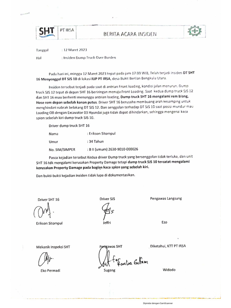 Berita Acara Insiden DT SHT Maret | PDF