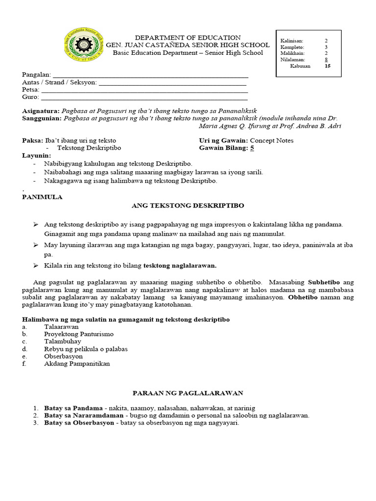 DLP 5 Tekstong Deskriptibo | PDF