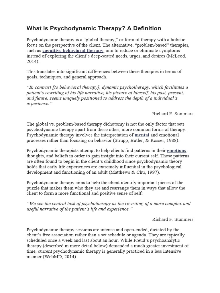 Psychodynamic Therapy | PDF | Psychotherapy | Id
