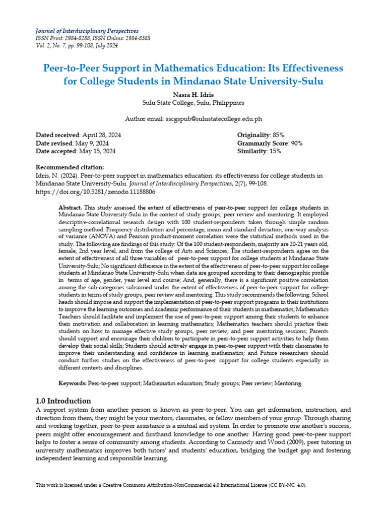 Peer-To-Peer Support in Mathematics Education Its Effectiveness For ...