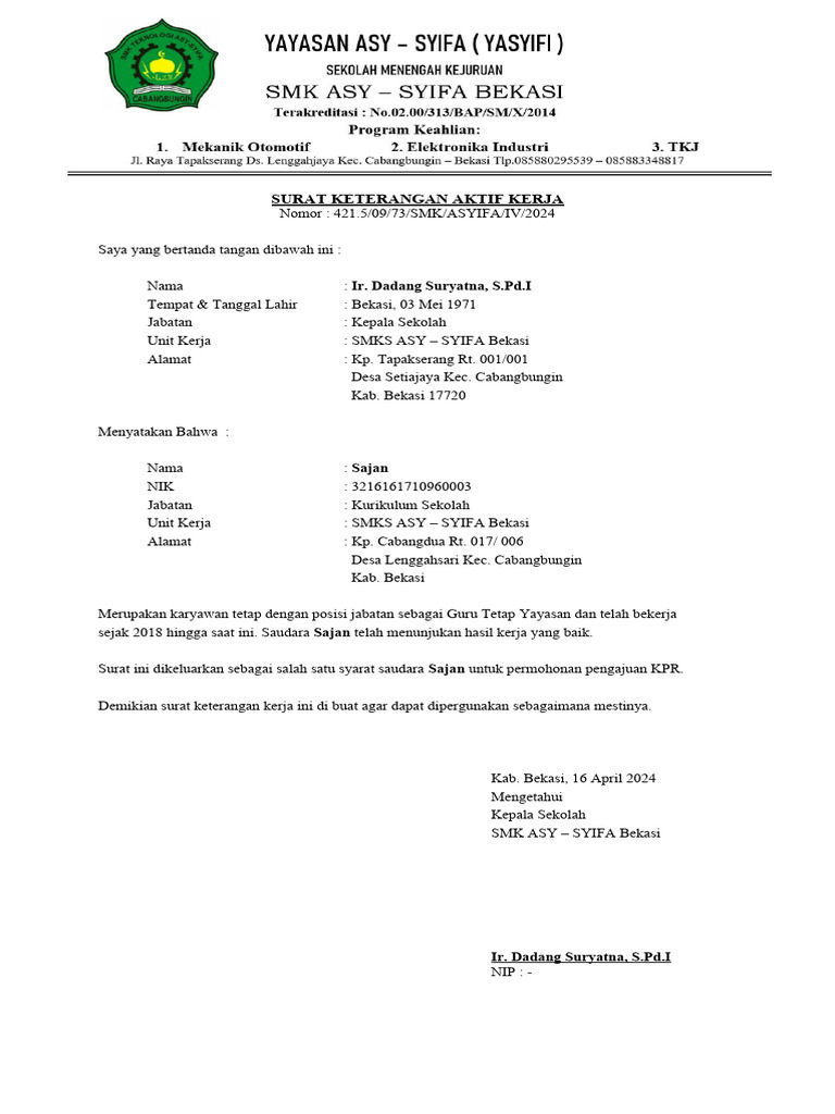 SK Aktif Mengajar Di Sekolah SMK Sajan Dan Yogi | PDF