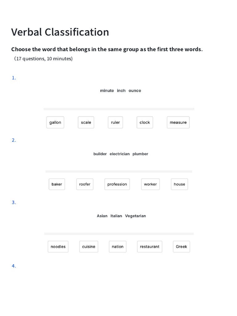 Verbal Classification Quiz: 17 Questions | PDF