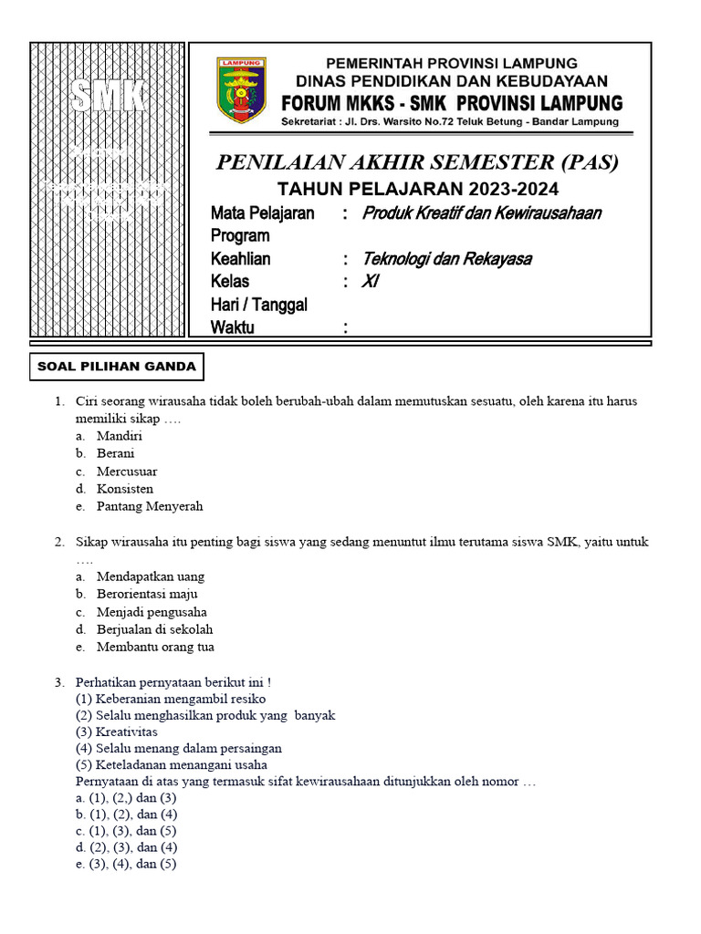 Soal PKK Pas Teknik Rekayasa K13 2024 | PDF