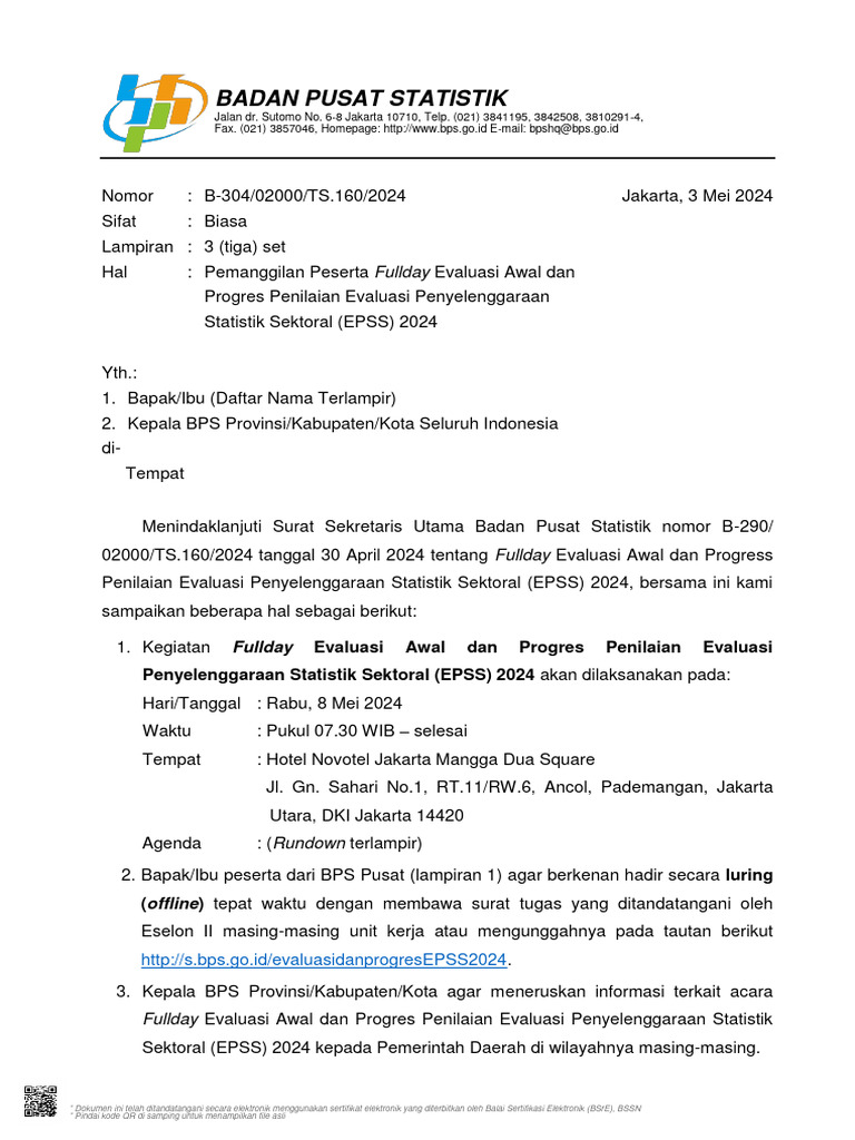 B-304.02000.TS.160 Surat Pemanggilan Fullday Evaluasi Dan Progres Penilaian EPSS 2024 | PDF