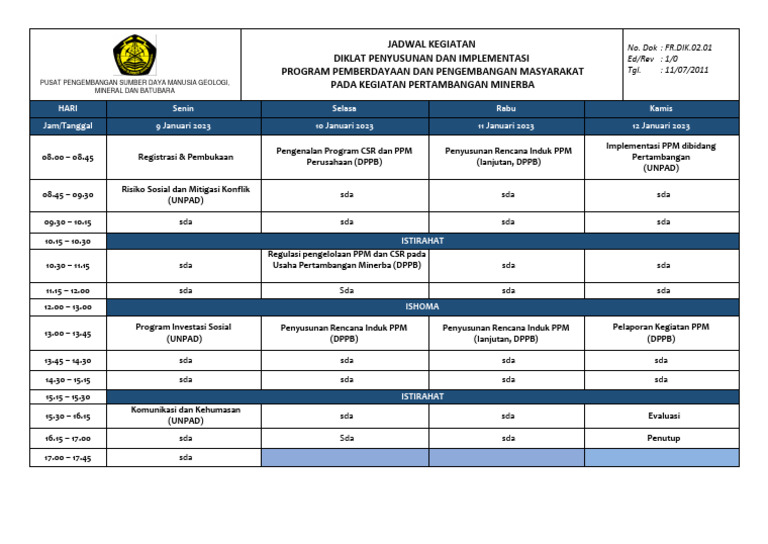 Jadwal Diklat Penyusunan Dan Implementasi Program PPM Pada Kegiatan ...