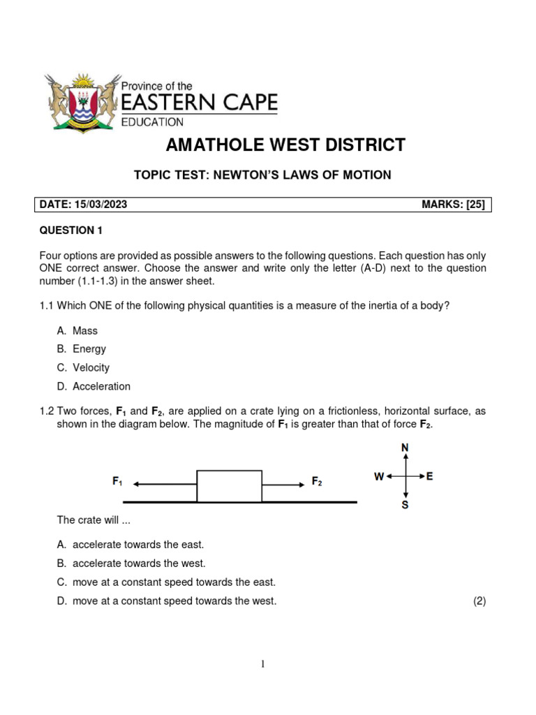 Grade 11 Newton's Laws Test PDF | PDF | Force | Newton's Laws Of Motion