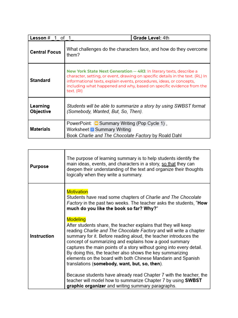 Summary Writing Grade 4 Lesson Plan Pop Cycle 1 | PDF | Teachers | Learning