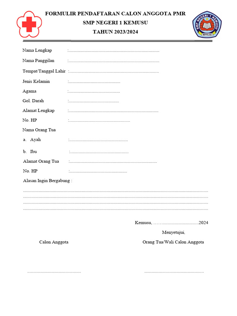 Formulir Pendaftaran Calon Anggota PMR S | PDF