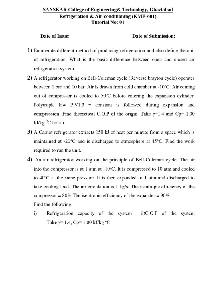 Rac Tutorial Sheet 1 5 Pdf Refrigeration Refrigerator