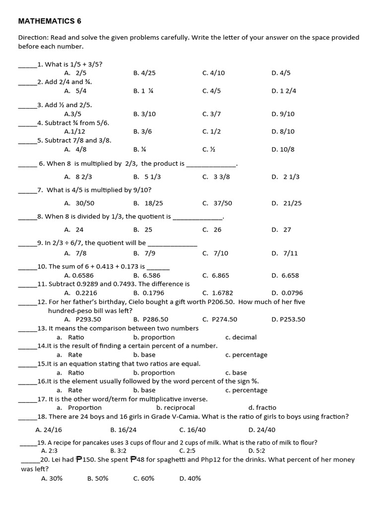 Mathematics 6 Pretest Pdf Triangle Odds