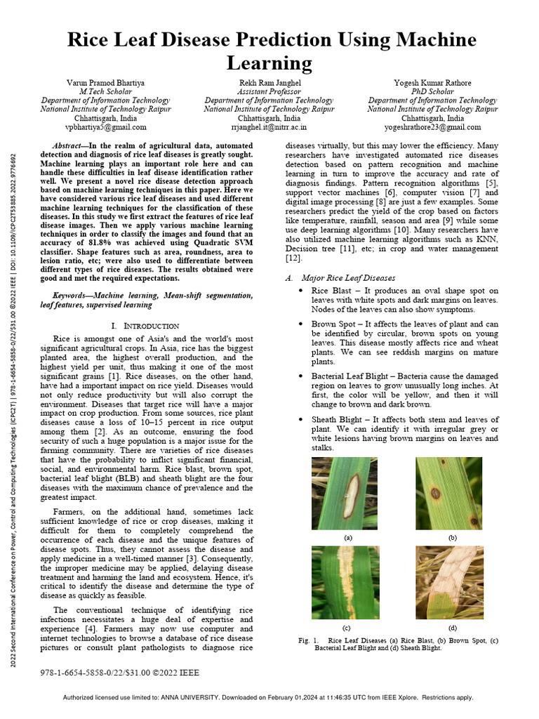 Rice Leaf Disease Prediction Using Machine Learning Pdf Machine