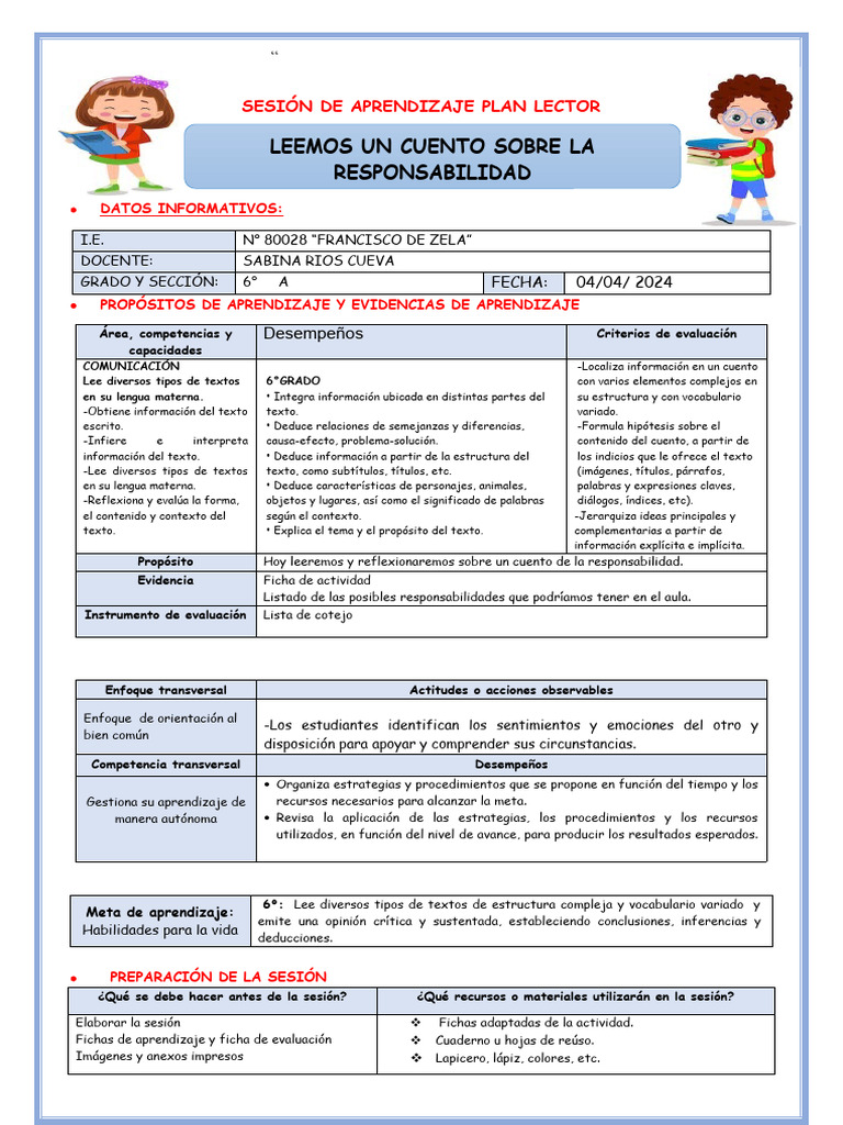 Ses-Juev-Pl-Leemos Un Cuento Sobre La Responsabilidad - 04-04 | PDF | Evaluación | Aprendizaje