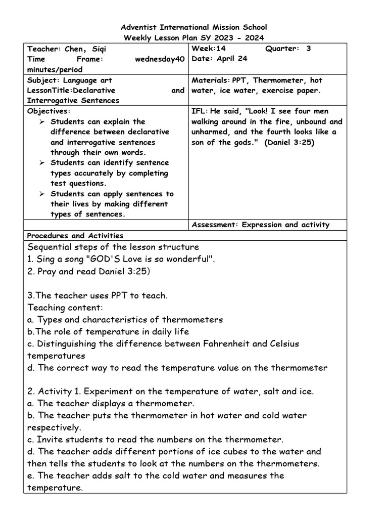 g2 Lesson Plan Temperature | PDF | Thermometer | Temperature