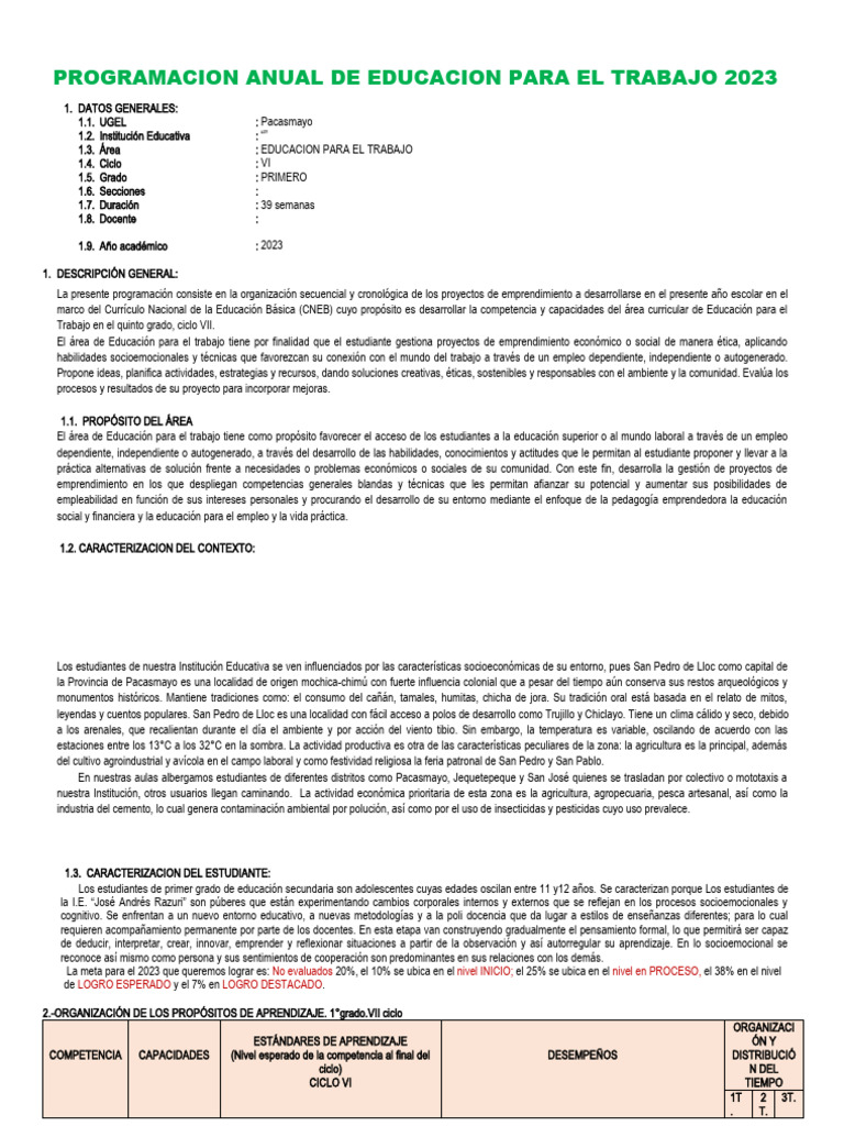 Planificacion Anual 1º Año-2023 Ept | PDF | Aprendizaje | Iniciativa empresarial