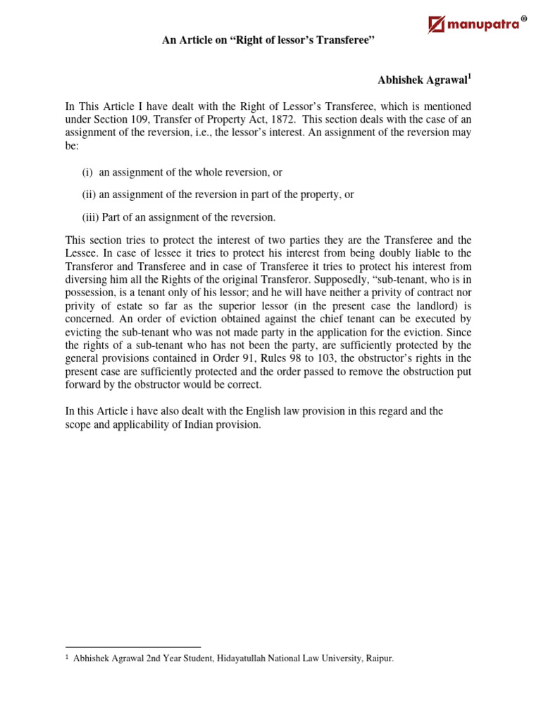 Right of Lessor Transferee | PDF | Lease | Assignment (Law)
