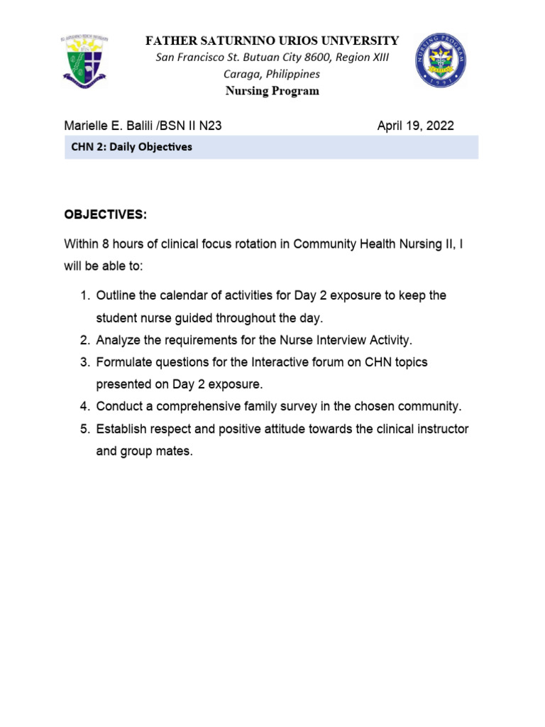 CHN 2 Day 2 Daily Objectives | PDF | Self-Improvement