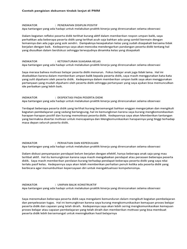 CONTOH PENGISIAN DOKUMEN TINDAK LANJUT Di PMM | PDF