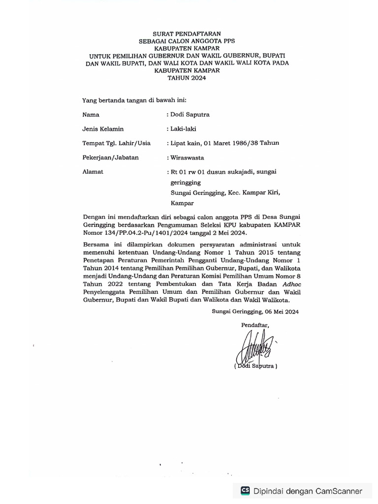Surat Pebdaftaran Dodi | PDF