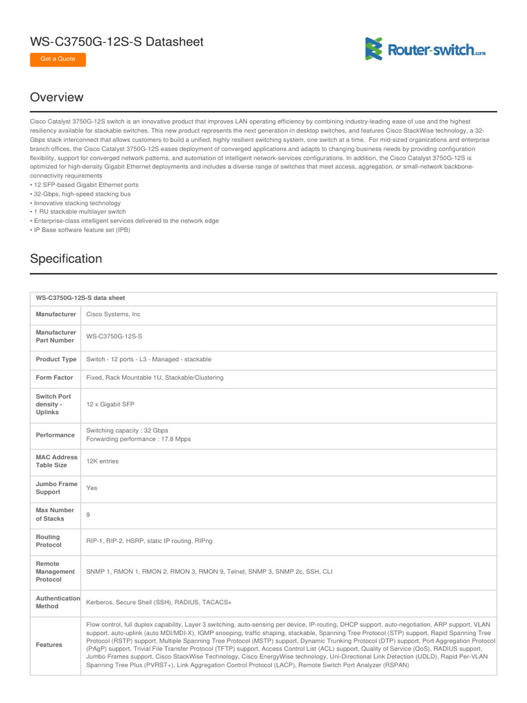 Ws c3750g 12s S Datasheet | PDF | Network Switch | Computer Networking