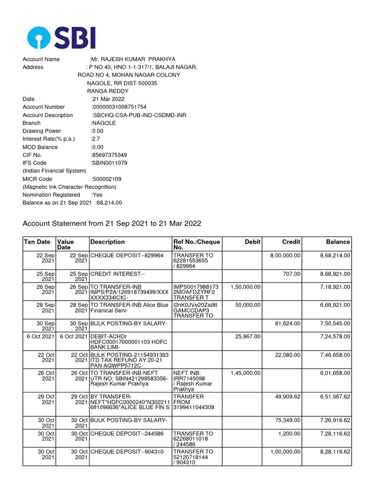 Account Statement From 21 Sep 2021 To 21 Mar 2022 | PDF | Debit Card | Cheque